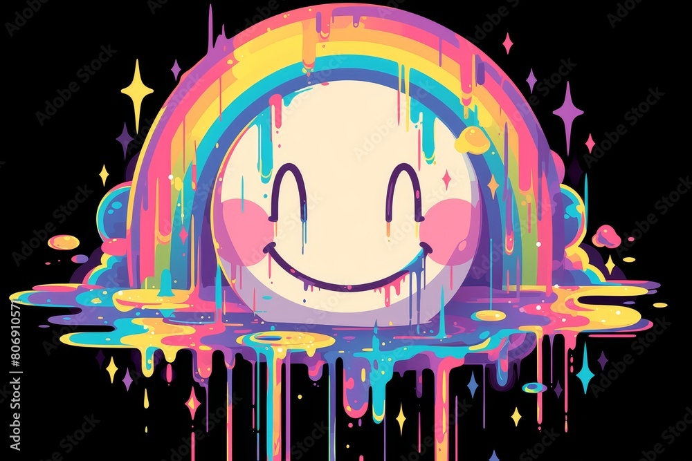smiling emote icon melting and dripping with rainbow colors, neon, sign ...