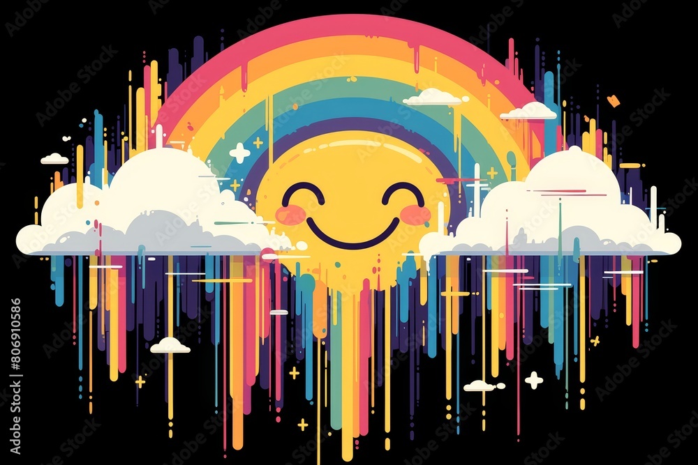 smiling emote icon melting and dripping with rainbow colors, neon, sign ...