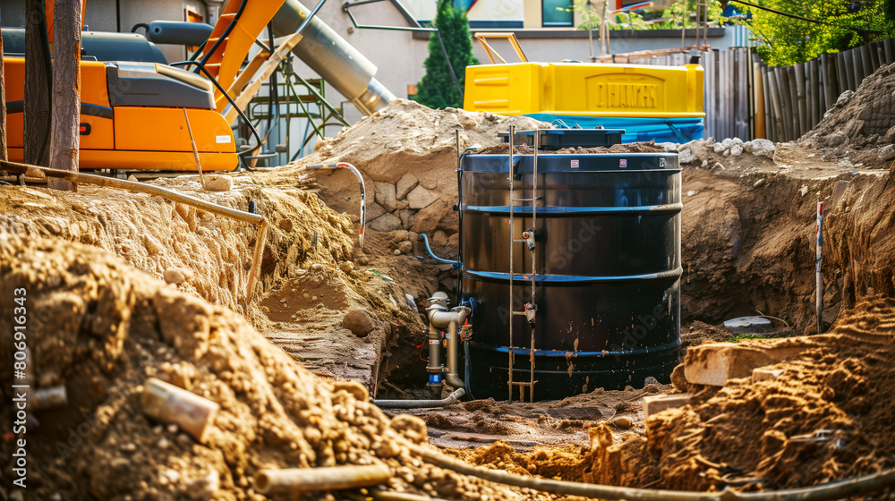 Active construction site showing excavation work with visible pipes and ...