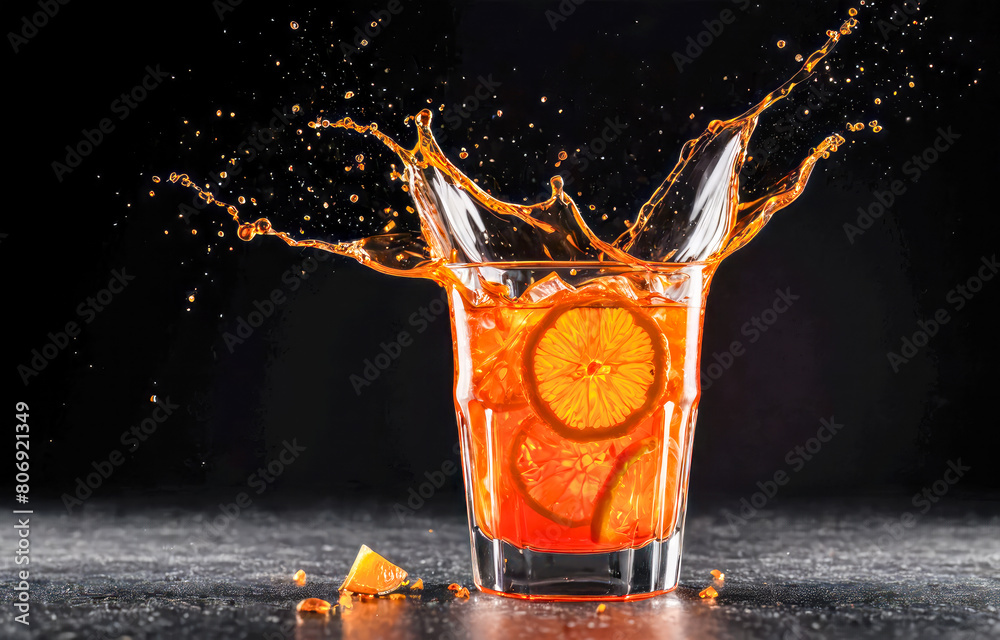 Action shot Aperol Spritz with splash creating sense of motion and ...