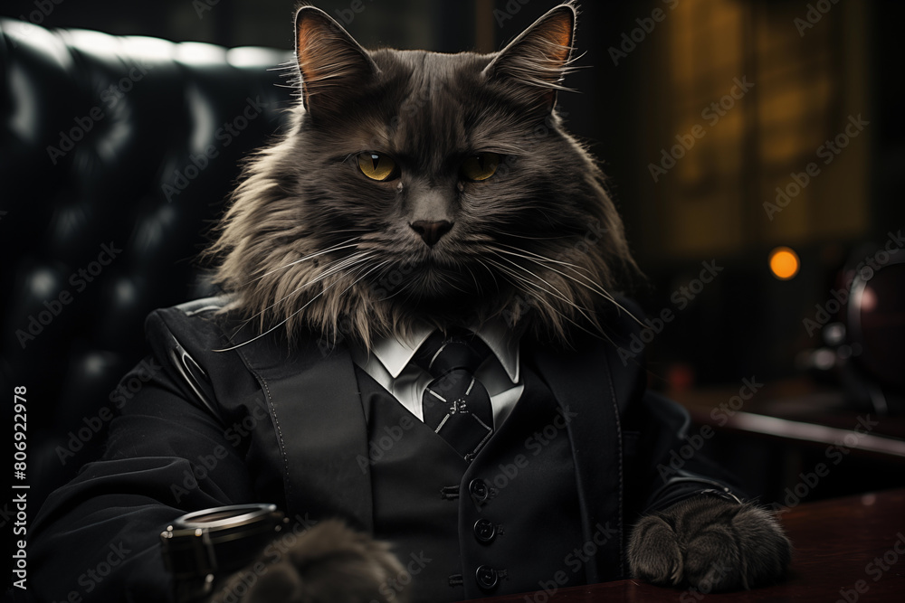 Elegant cat in a black suit, sitting confidently in an office setting ...