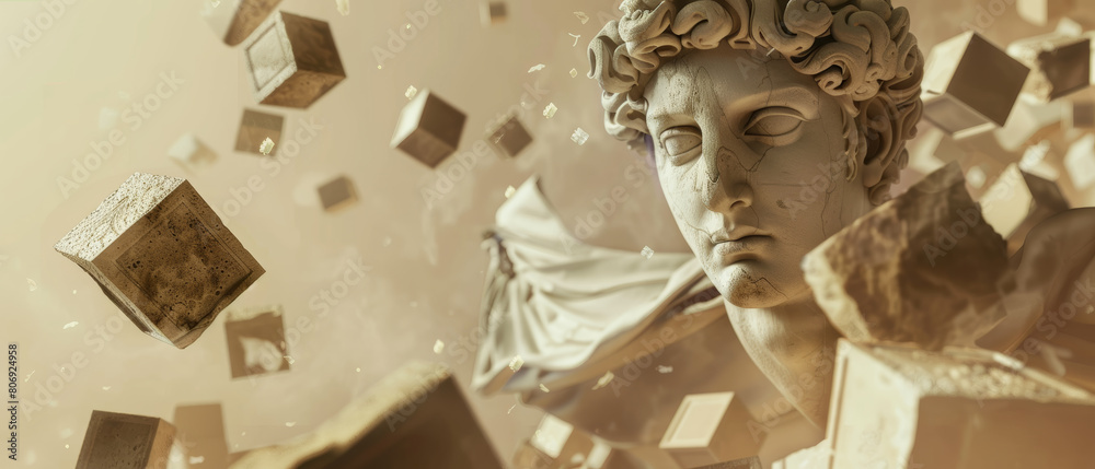 Shattered pieces float around a classical bust in surreal disarray ...