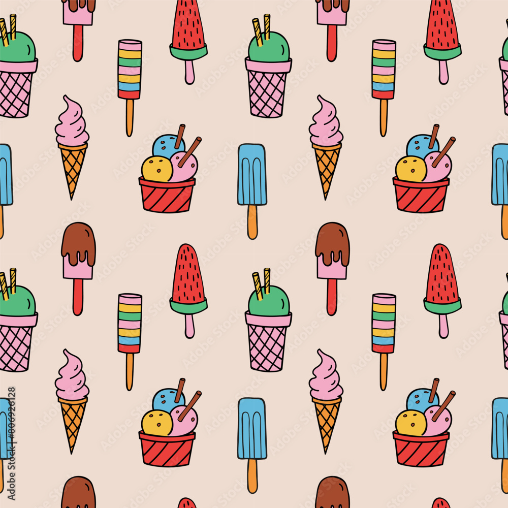 Ice Cream hand drawn cartoon seamless pattern. Repeating background ...
