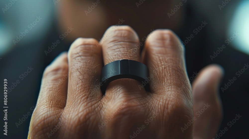 A mans hand is shown with a focus on a sleek smart ring worn on the ...