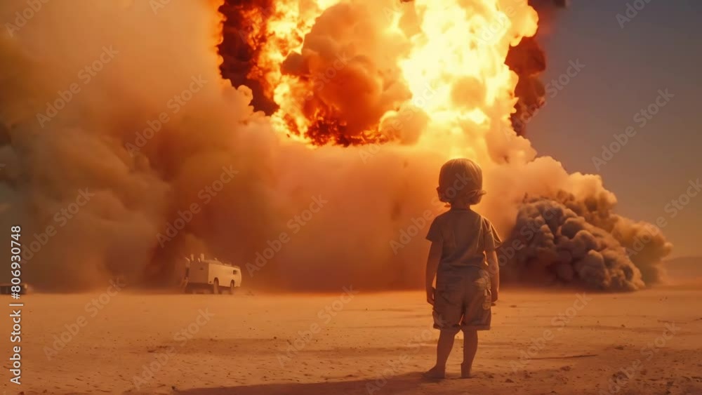 Child watching nuclear explosion in retro desert scene from behind ...