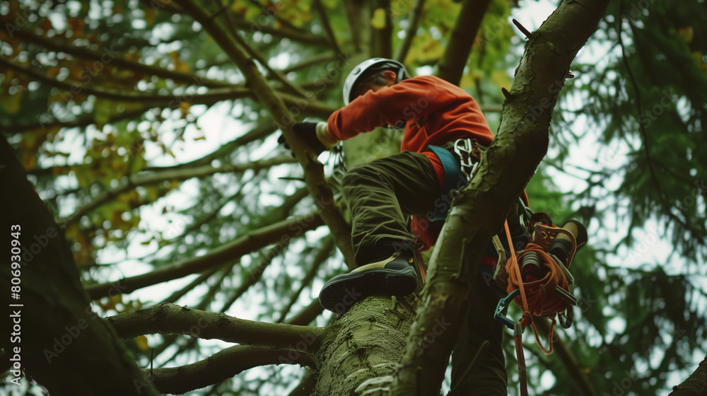 Man in safety helmet and harness climbing a tall tree, surrounded by ...