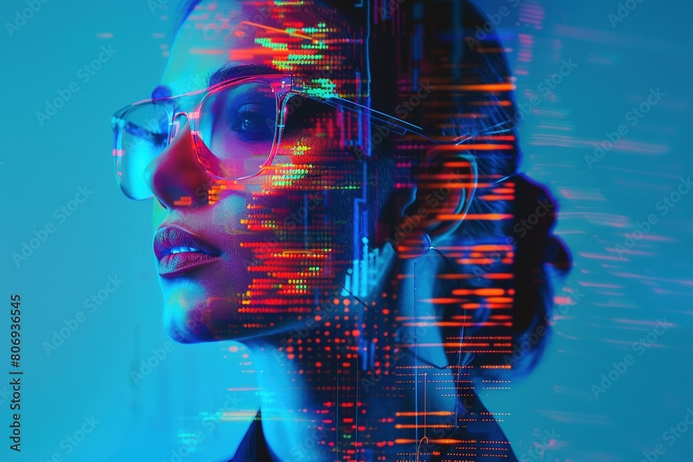 A pixelated portrait of a businesswoman, rendered in a distorted ...