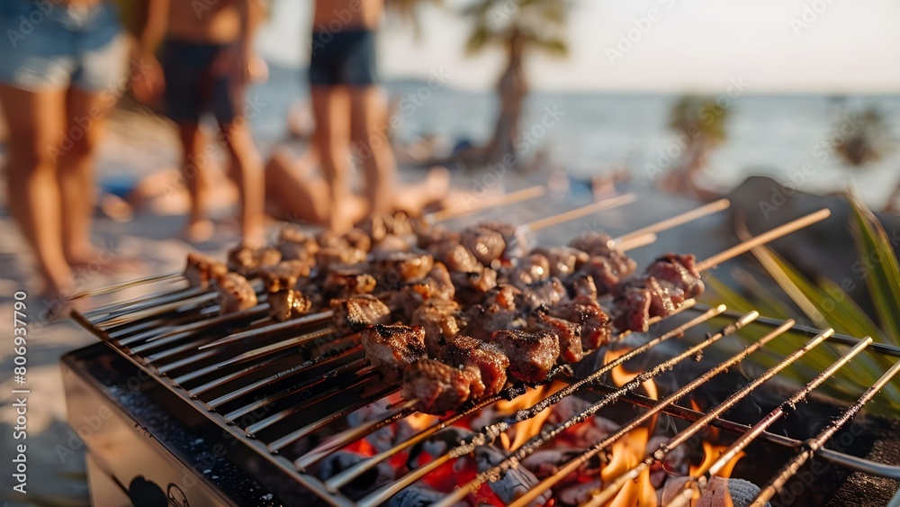 Beach barbecue with friends and family grilling meat skewers by the sea ...