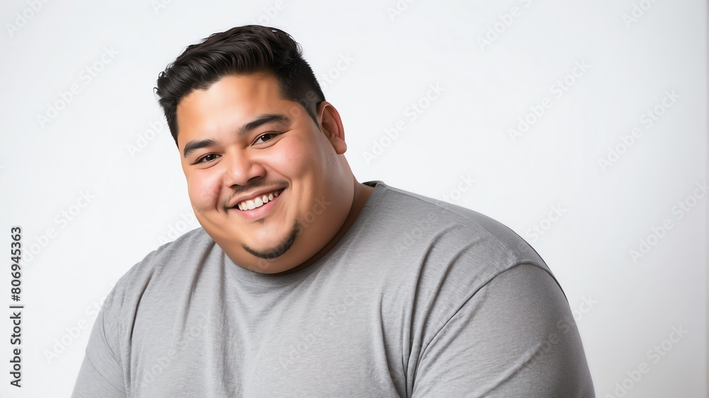 smiling young hispanic overweight man studio portrait on plain white ...