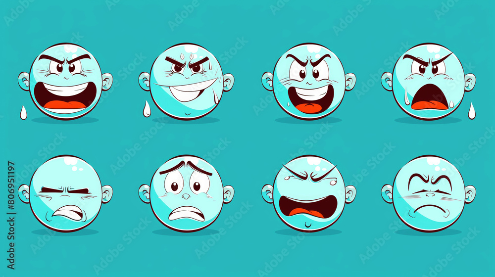 Illustration of eight different expressive cartoon faces showing ...