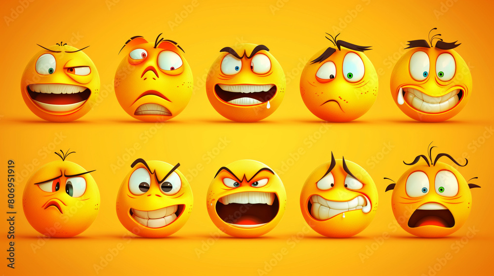 A collection of nine detailed emoticon faces displaying a range of ...