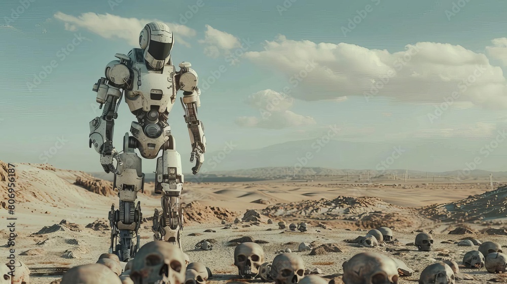 apocalyptic robot standing in desolate desert with skulls dystopian ...