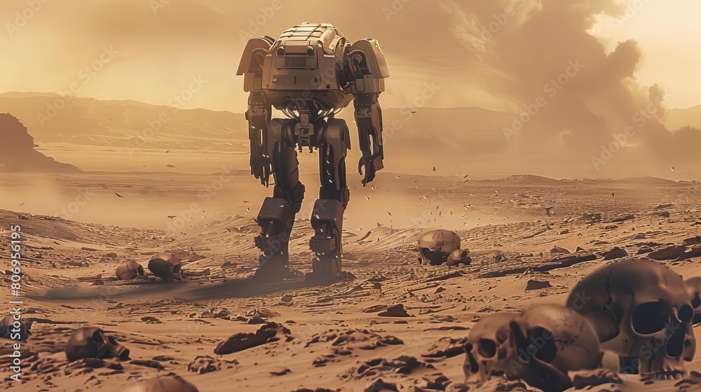 apocalyptic robot standing in desolate desert with skulls dystopian ...