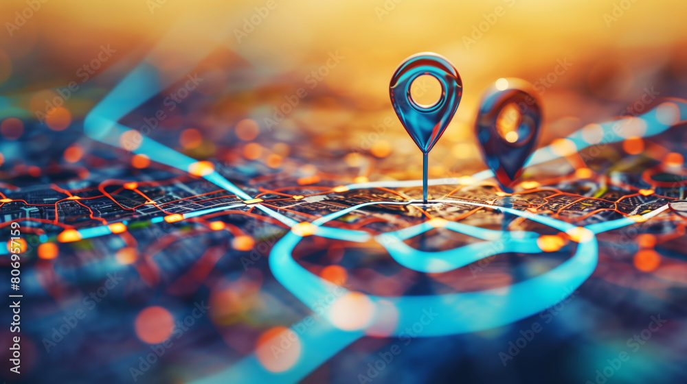 Highly detailed city map with glowing route lines and location pins ...