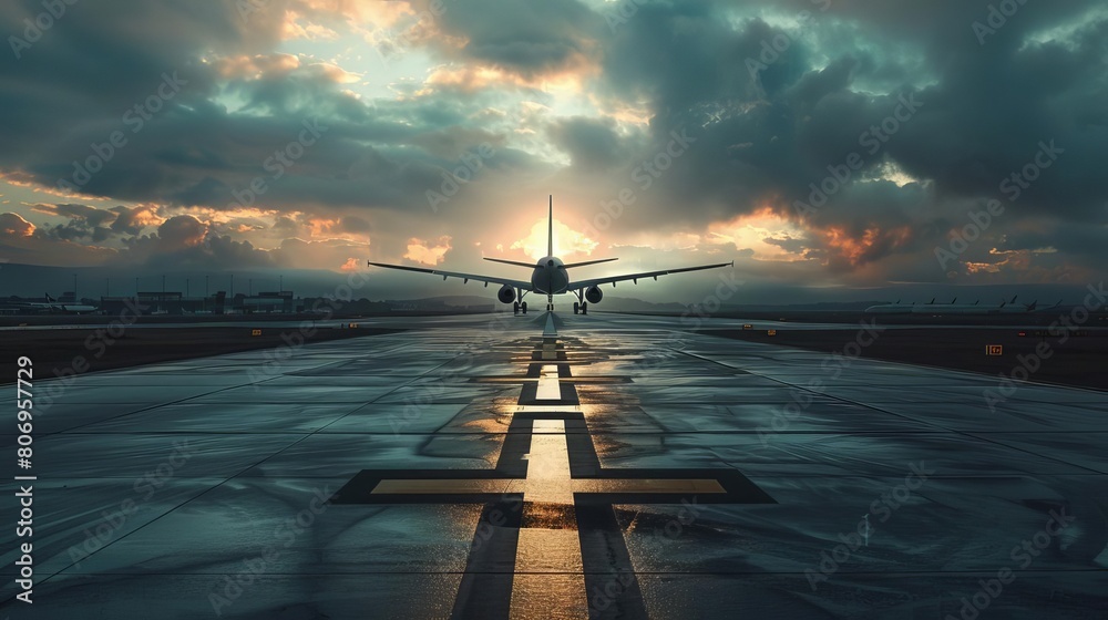 christian cross on airport runway with airplane and luggage religious ...