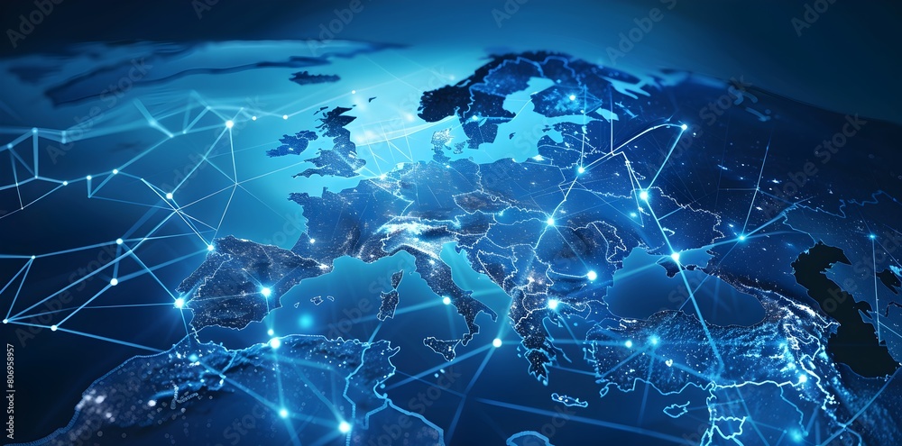 Digital blue Map of Europe with network glowing blue lines connecting ...
