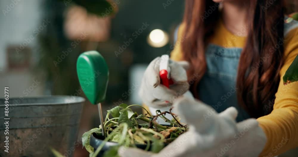 Plant, girl and hands for care with spray bottle, growing and ...