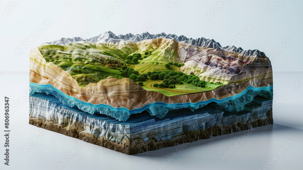Geological cross section model showing various layers with mountains ...
