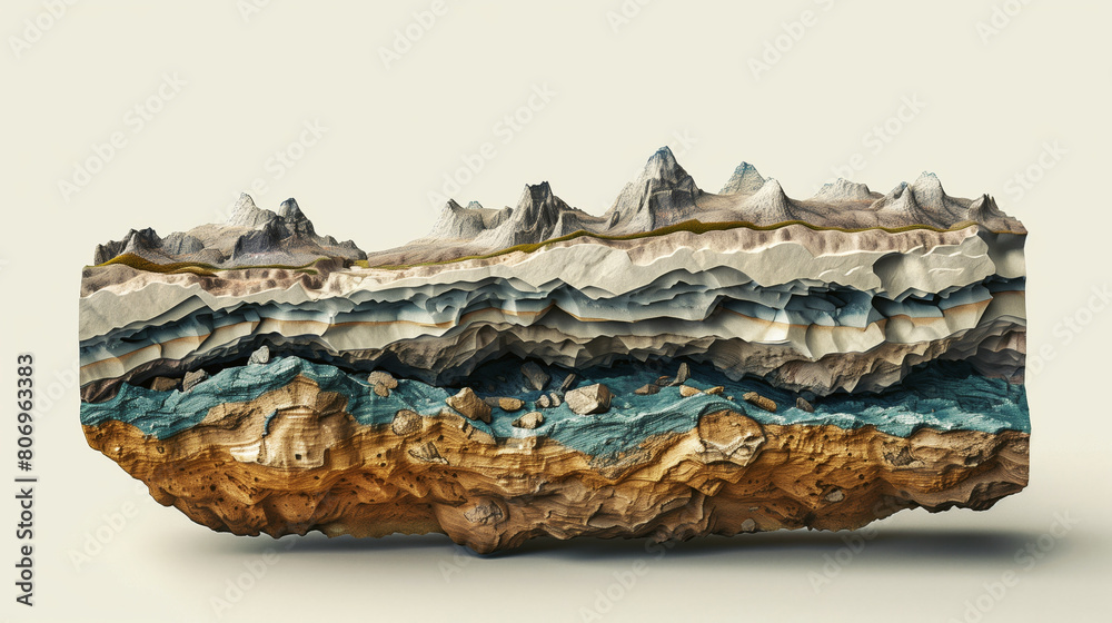 Detailed cross-section artwork of geological layers with mountains ...