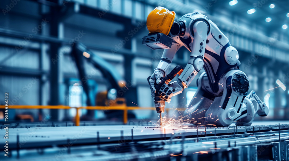 An industrial robot in a factory setting, wearing a safety helmet and ...
