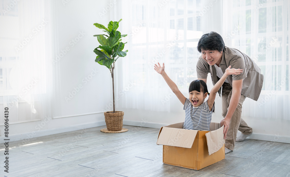 Asian single dad family father daughter girl packing cardboard box ...