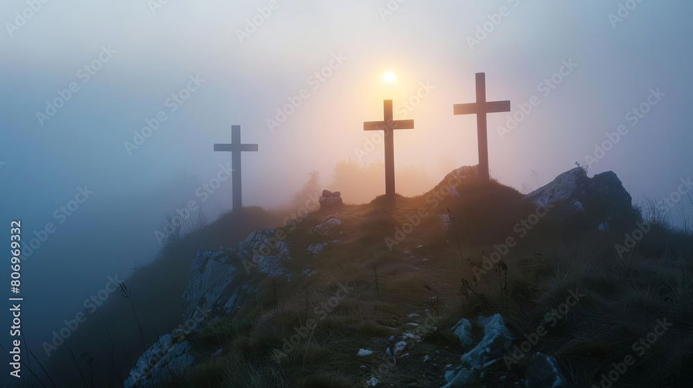 three crosses on hill in misty landscape spiritual christian symbol ...