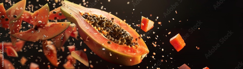Surreal poster of a papaya exploding into neatly cut pieces, suspended ...