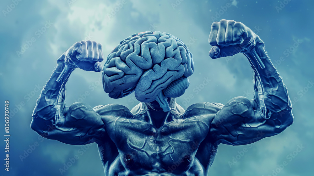 A conceptual image of a muscular person with a brain for a head flexing ...