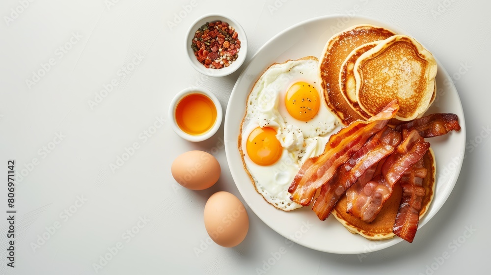 Artistic top view portrait of a full American breakfast with all the ...