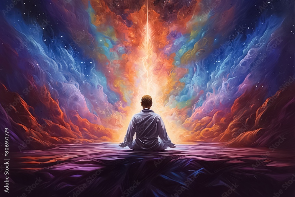 A backside of a person sitting in a dark place with glowing light of ...