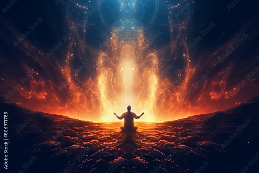 A backside of a person sitting in a dark place with glowing light of ...