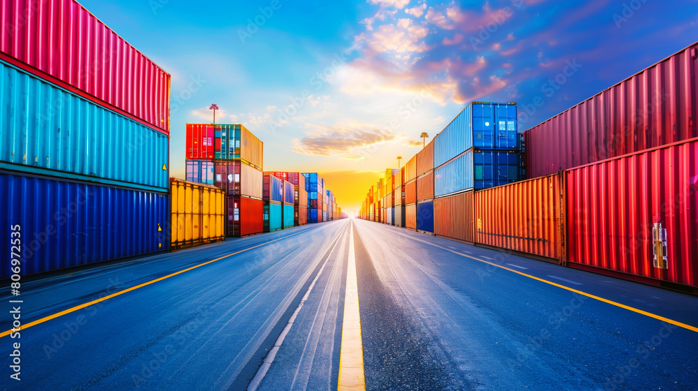 Colorful shipping containers lined up on both sides of a road under a ...