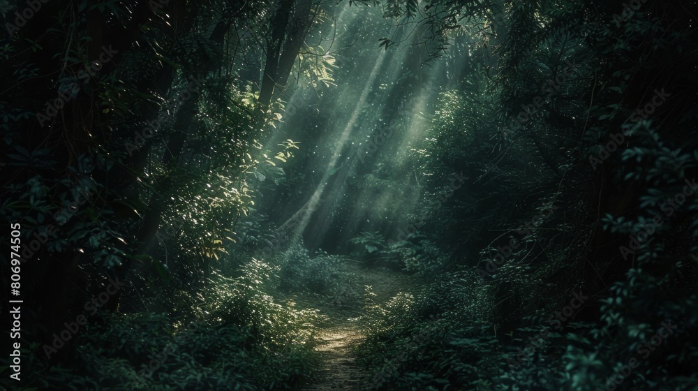 Early morning rays pierce through the thick forest canopy, creating a ...