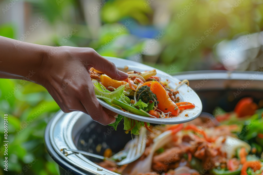 Person disposing of organic kitchen waste into a compost bin to reduce ...