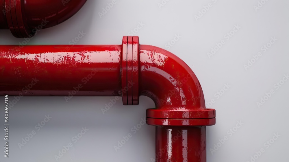 section of red steel pipe with a 90-degree bend. The pipe is ...