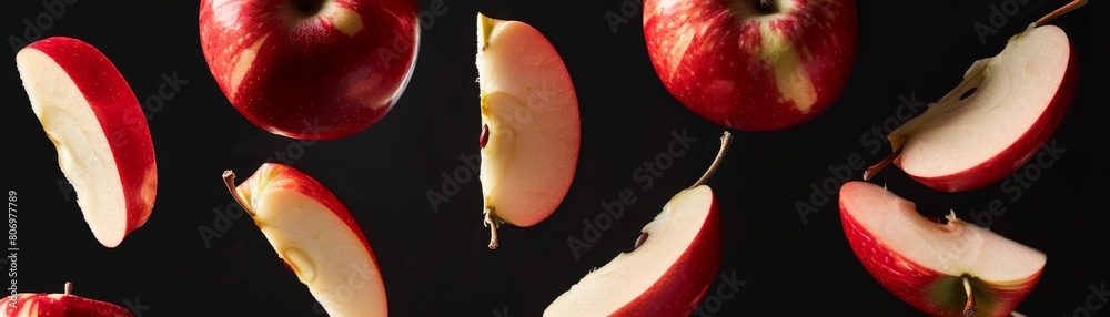 Photorealistic poster capturing apple slices suspended in space, each ...