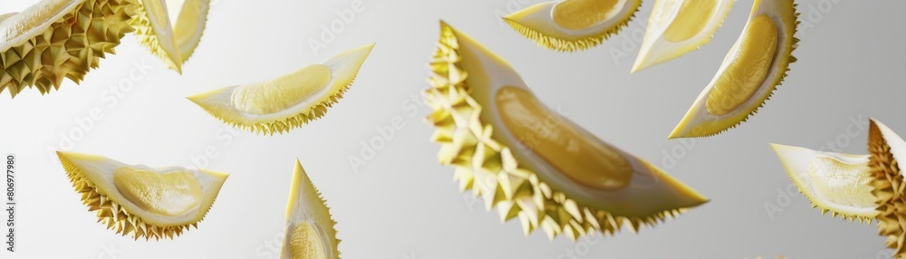Minimalist design poster of sliced durian segments floating against a ...