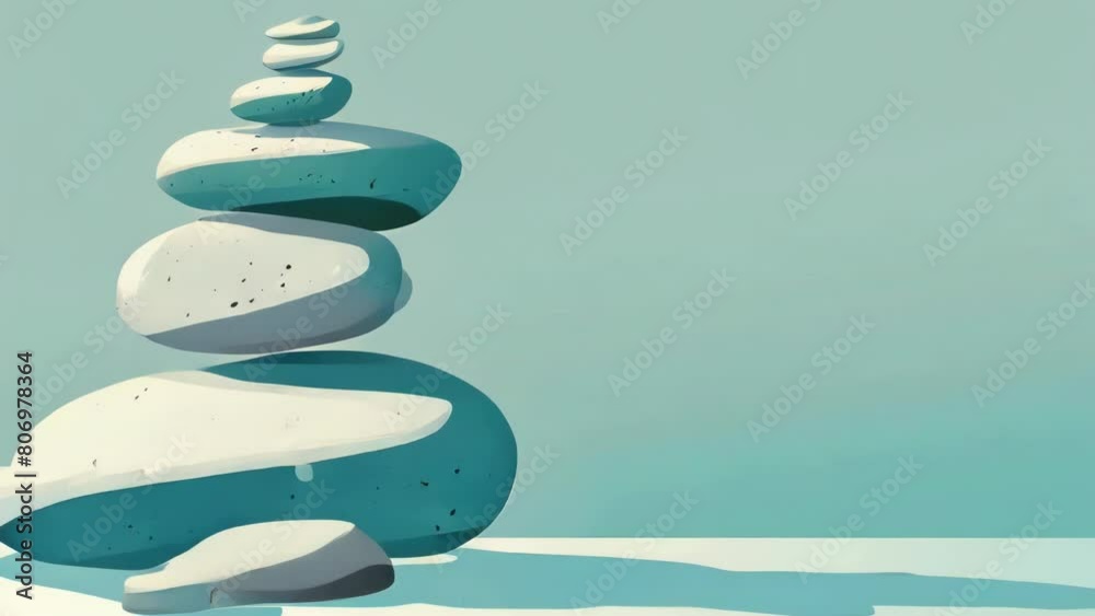 A blue background with a stack of white rocks. The rocks are arranged ...