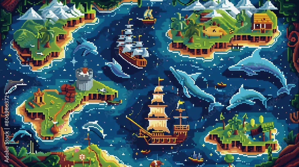 Vibrant digital pixel art map in 8-bit style, depicting islands as ...