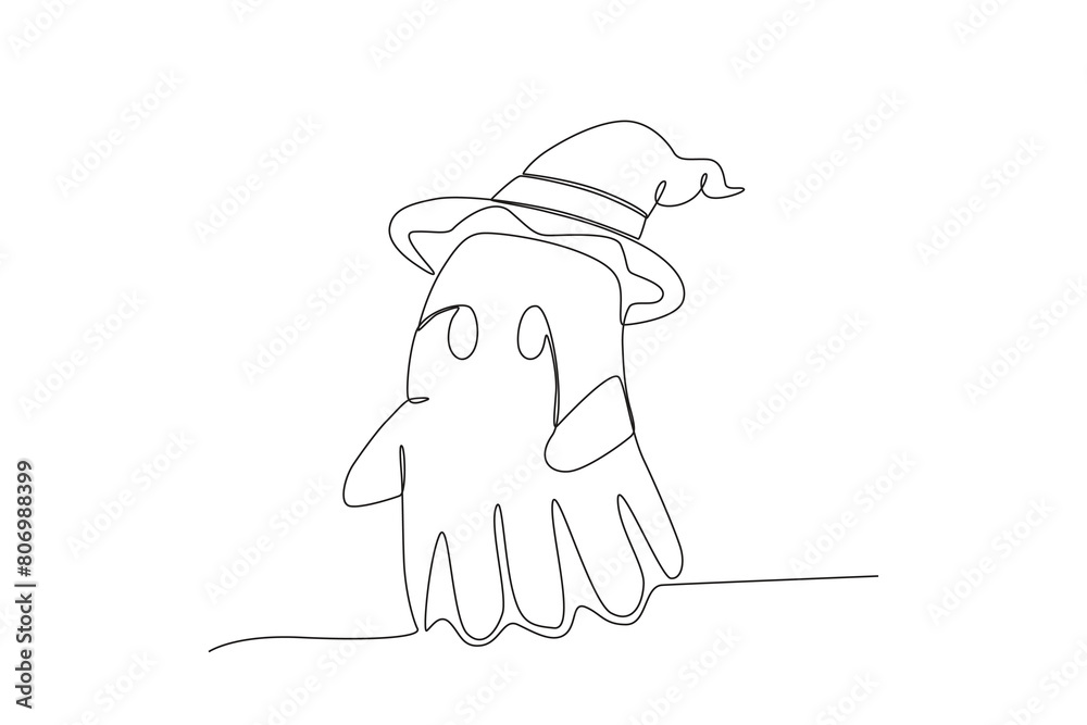 One continuous line drawing of Ghost spirit wearing a wizard_s hat ...