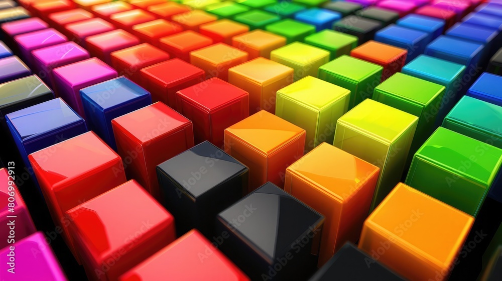 Vibrant rainbow-colored cubes neatly aligned on a classic black block ...