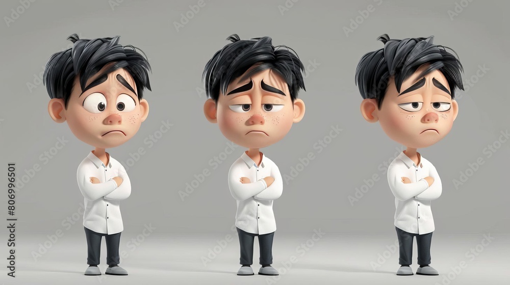 sad unhappy asian cartoon man in white shirt 3d character design human ...