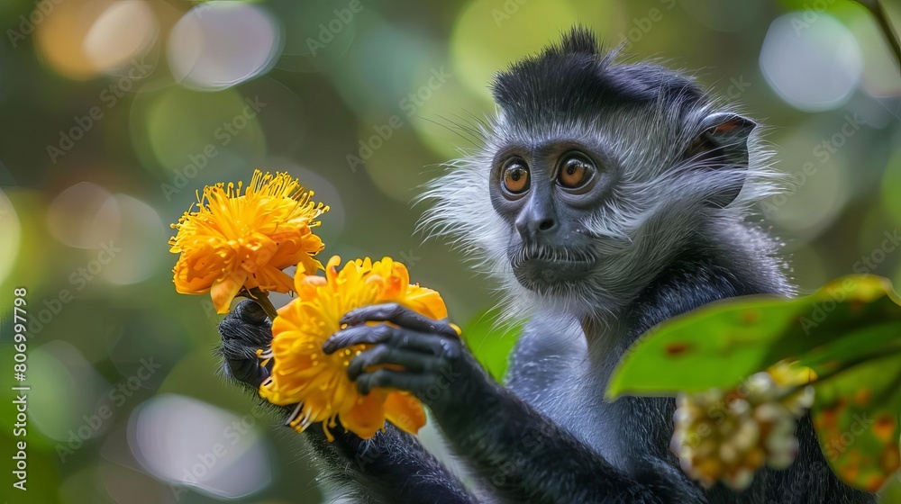 silver leaf monkey reaching for yellow flower trachypithecus cristatus ...
