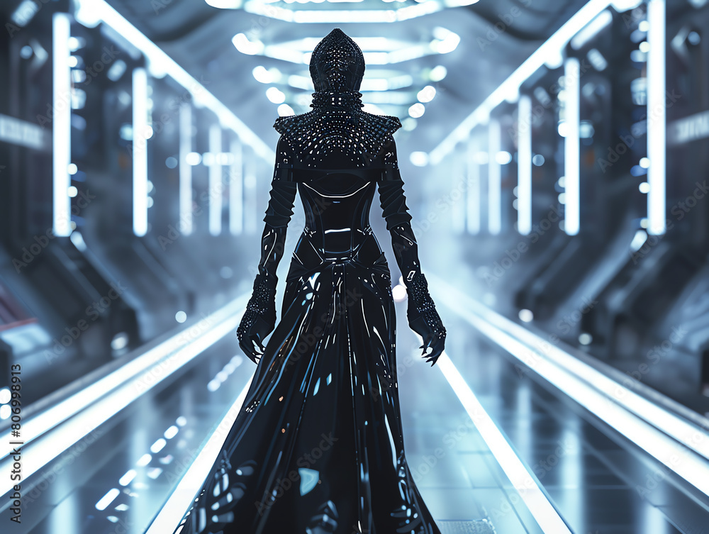 Visualize a sci-fi-chic ensemble from behind as a model parades along a ...