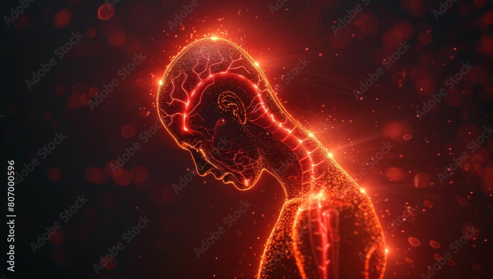 A silhouette figure with red, pulsating lines tracing the path of nerve ...
