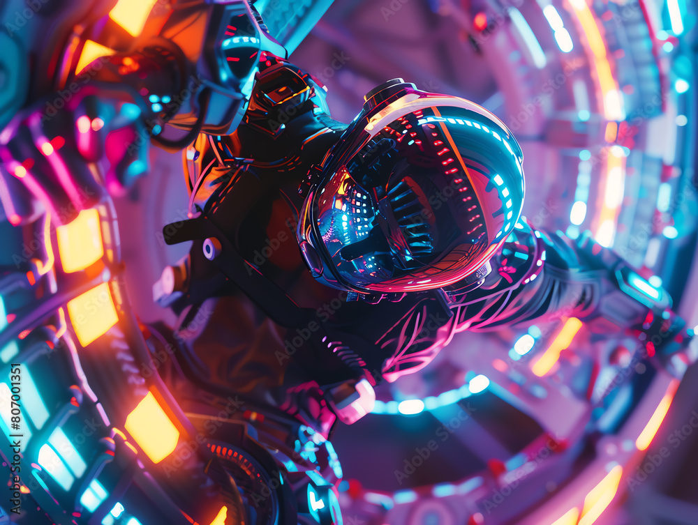 Capture the intricate fusion of futuristic technologies and breakdance ...