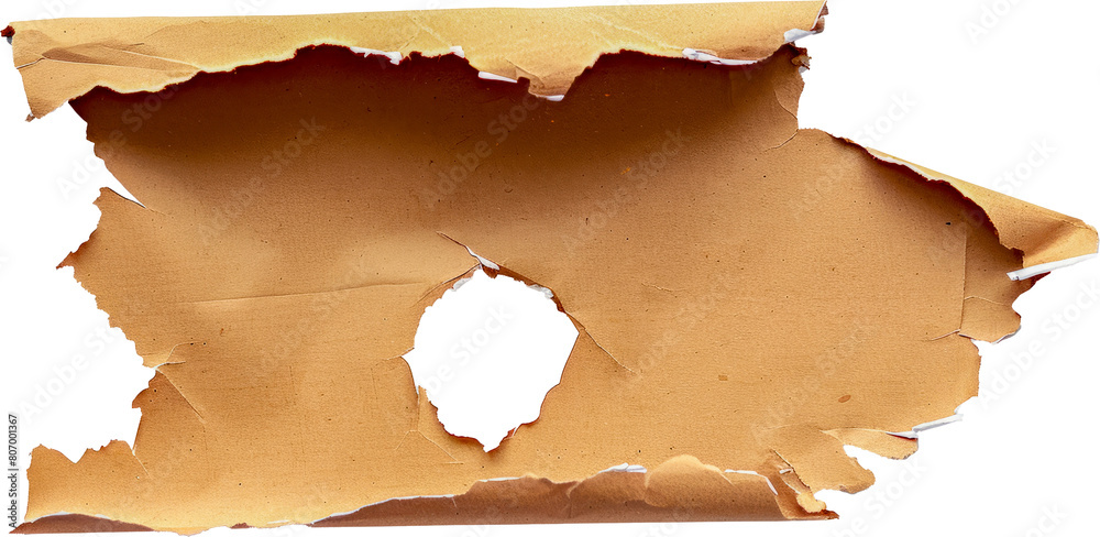 Torn parchment paper with multiple tears cut out on transparent ...
