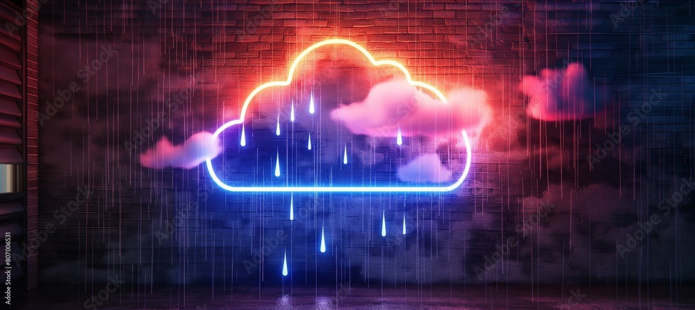 A rain cloud neon sign illuminating the darkness, with cascading ...