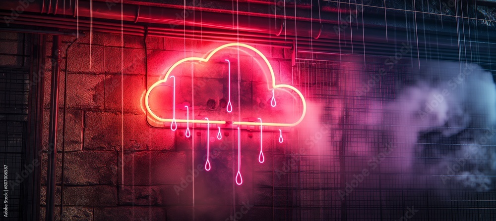 A rain cloud neon sign illuminating the darkness, with cascading ...