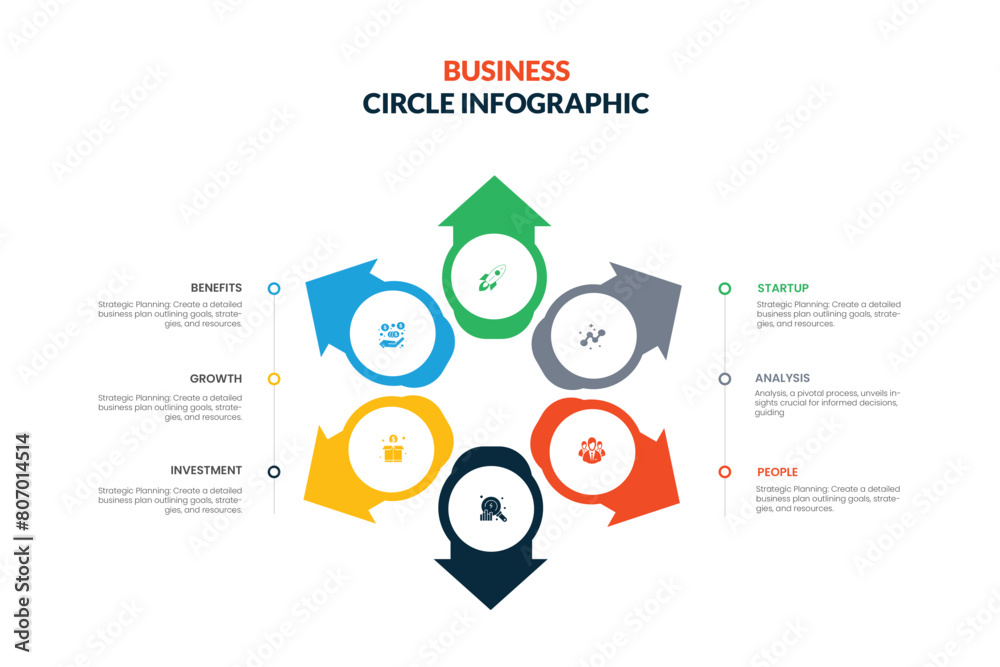 Circular diagram with 6 round elements placed around center. Concept of ...